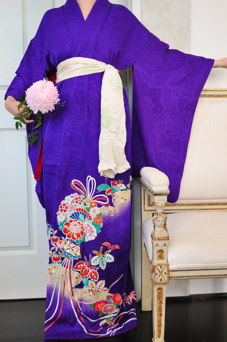 Kiri Pattern Rinzu Silk Antique Kimono with Gosan kiri Kamon – Made by Time