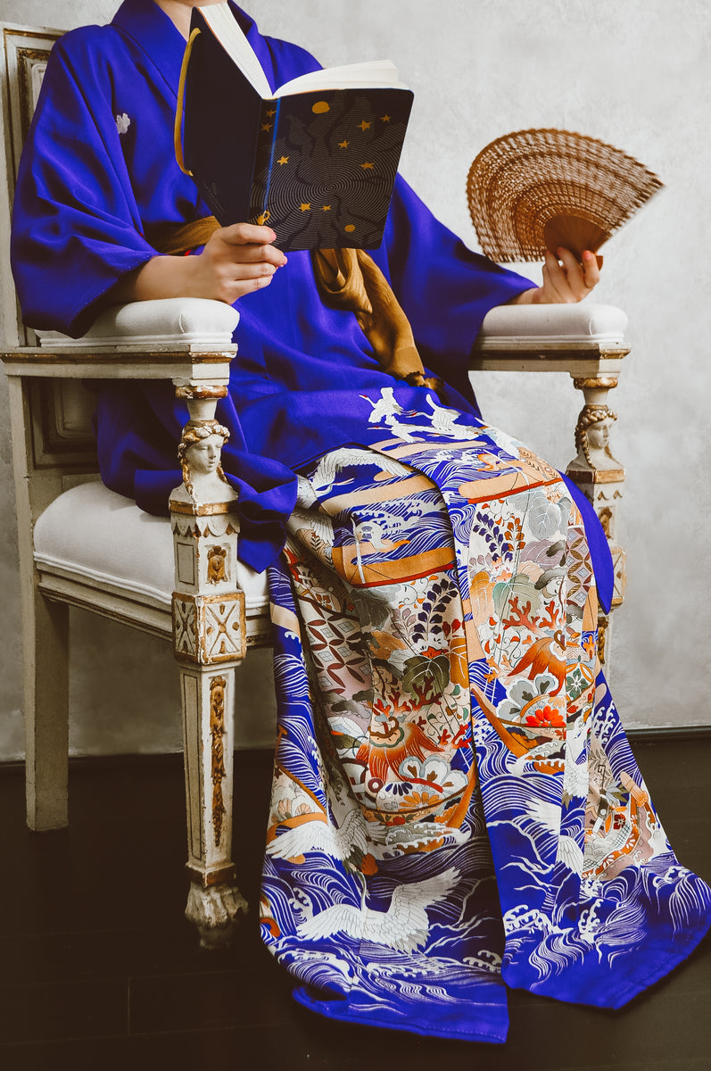 Crane and Treasure Ship Gosan Kiri Kamon Antique Silk Vintage Kimono ...