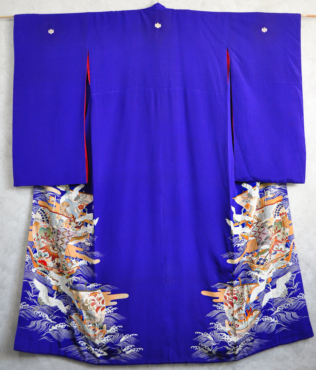 Crane and Treasure Ship Gosan Kiri Kamon Antique Silk Vintage Kimono ...